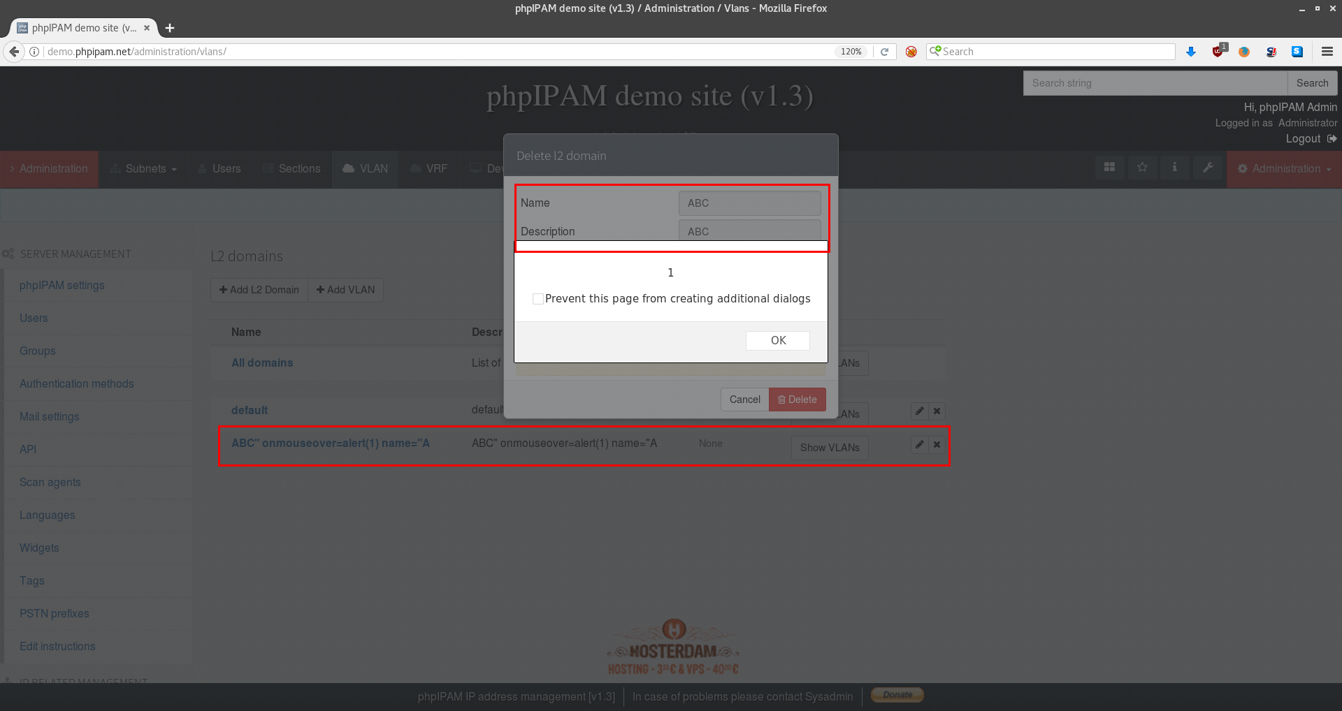 XSS in NAT, Rack, Vlan, VRF, device, location · Issue #1403 · phpipam/phpipam · GitHub