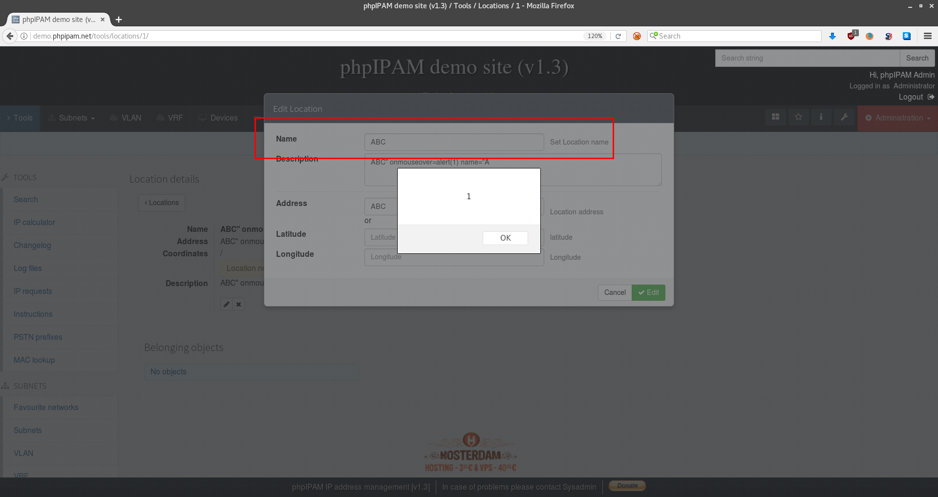 Xss In Nat Rack Vlan Vrf Device Location · Issue 1403 · Phpipamphpipam · Github