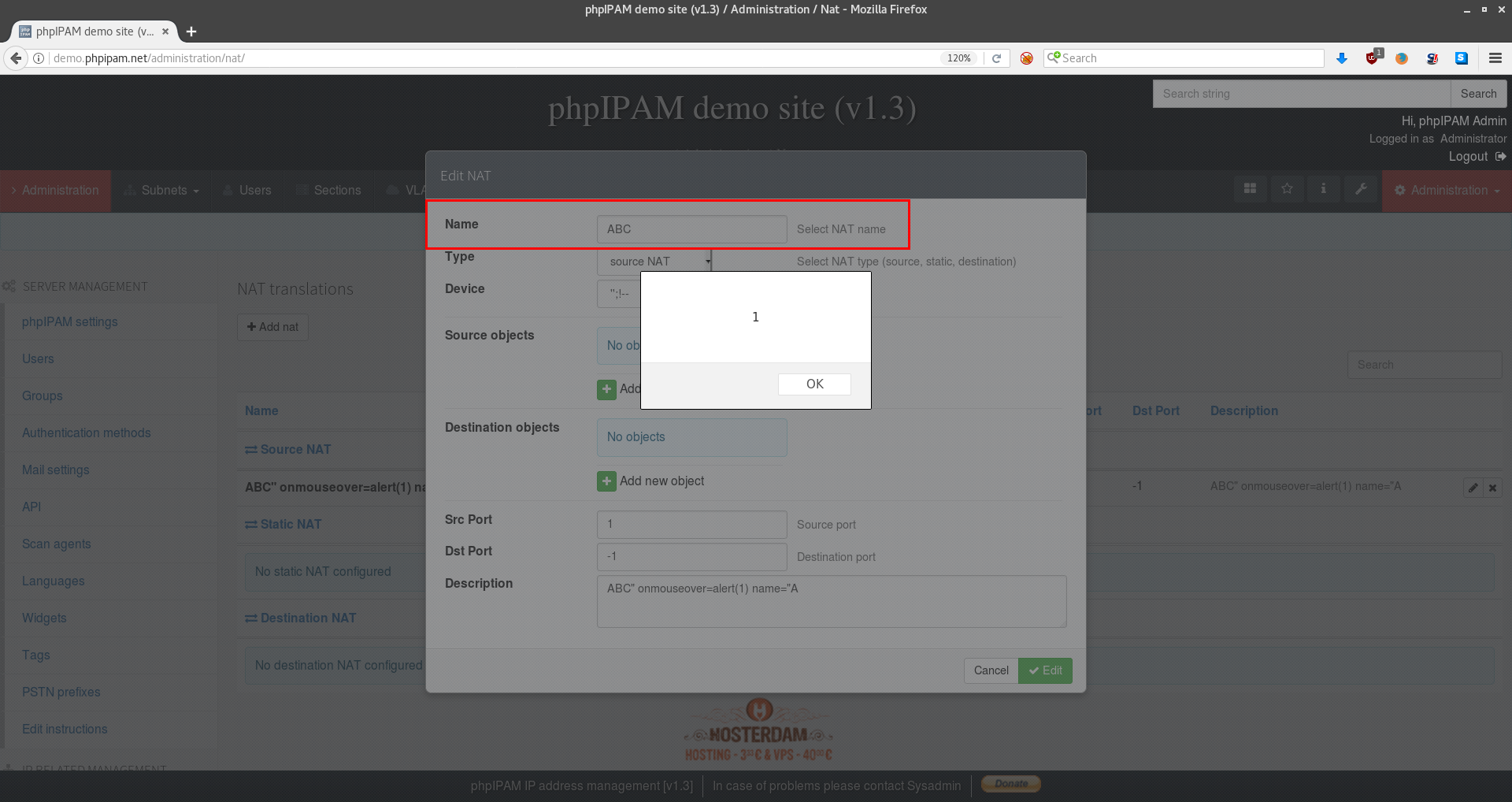 XSS in NAT, Rack, Vlan, VRF, device, location · Issue #1403 · phpipam/phpipam · GitHub