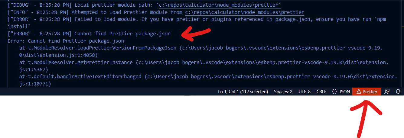 vscode does not see prettier because package.json has no vscode does not see prettier because package.json has no