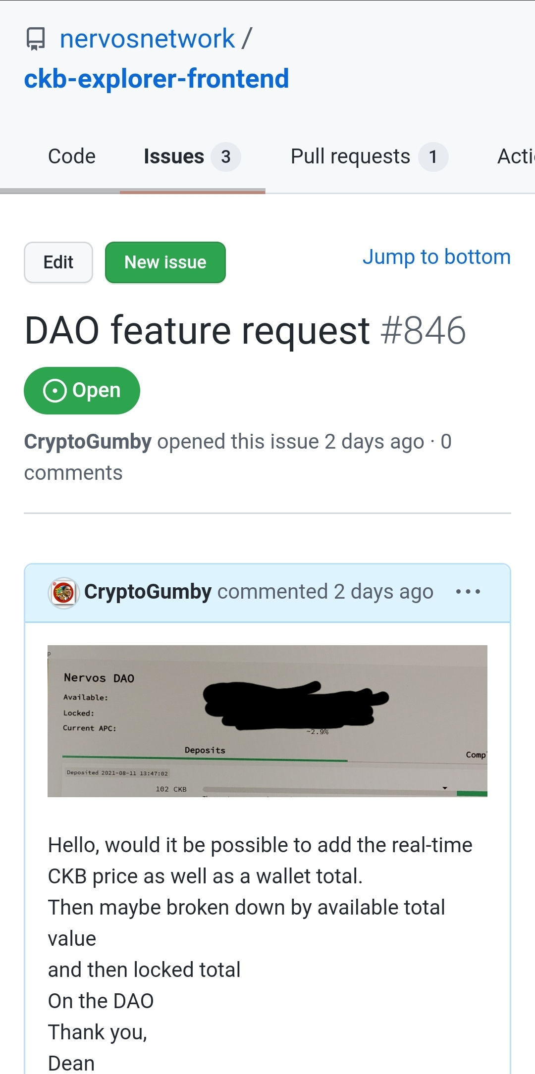 DAO feature request · Issue #2088 · nervosnetwork/neuron · GitHub