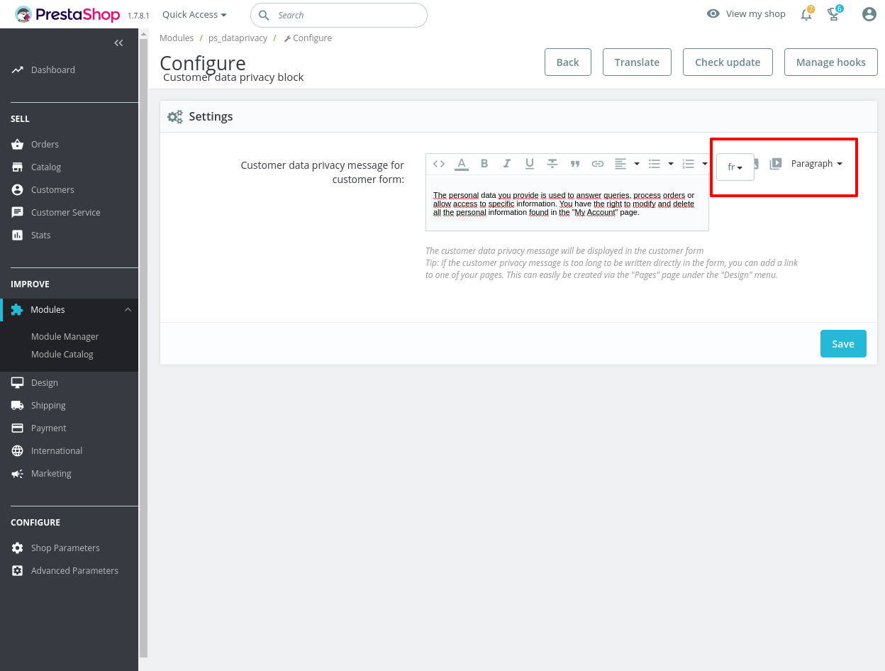 BO - dataprivacy module - Bad display of Customer data privacy block when changing the language ...