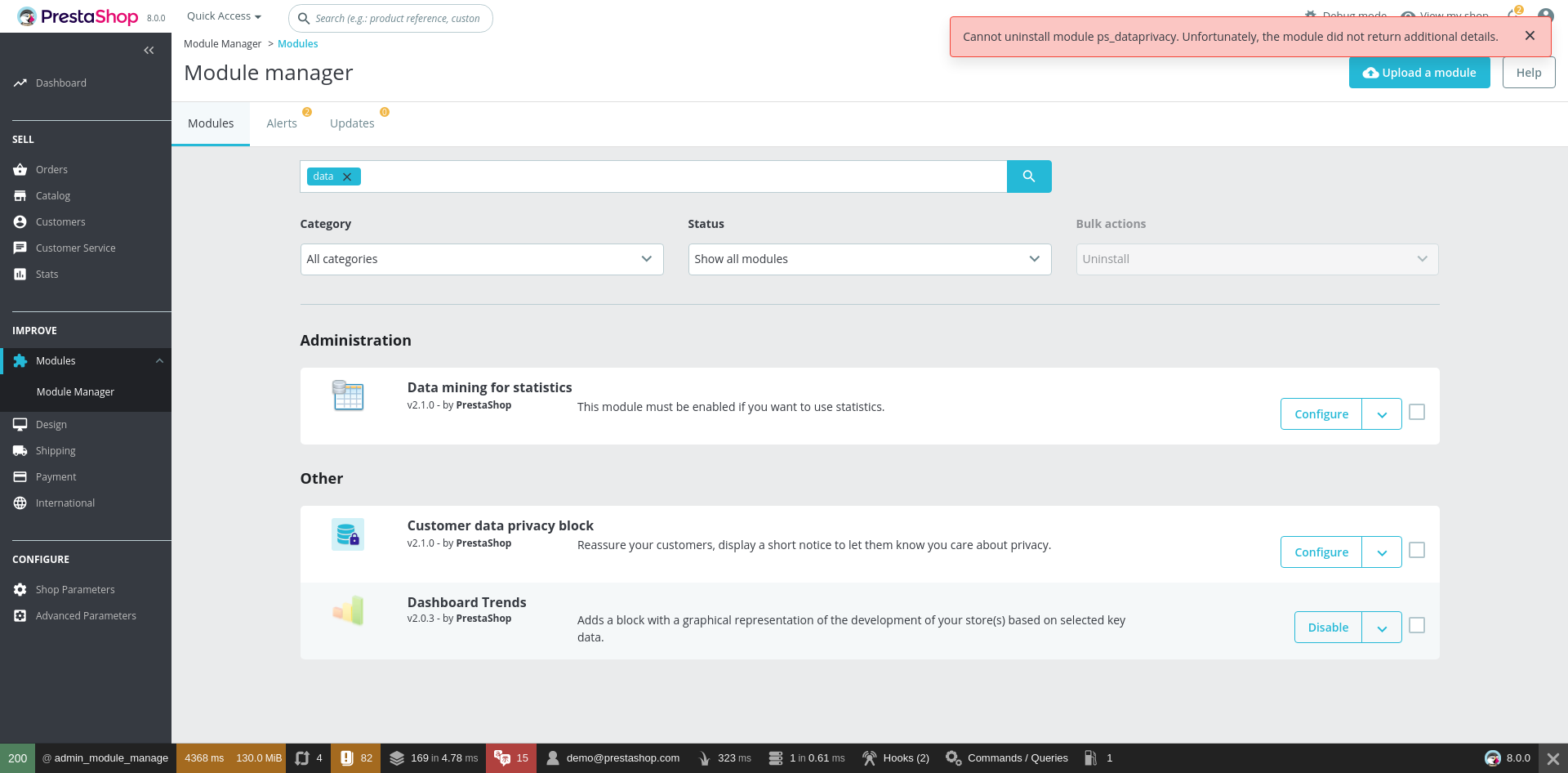 BO - ps_dataprivacy- Cannot uninstall dataprivacy module · Issue #27154 · PrestaShop/PrestaShop ...