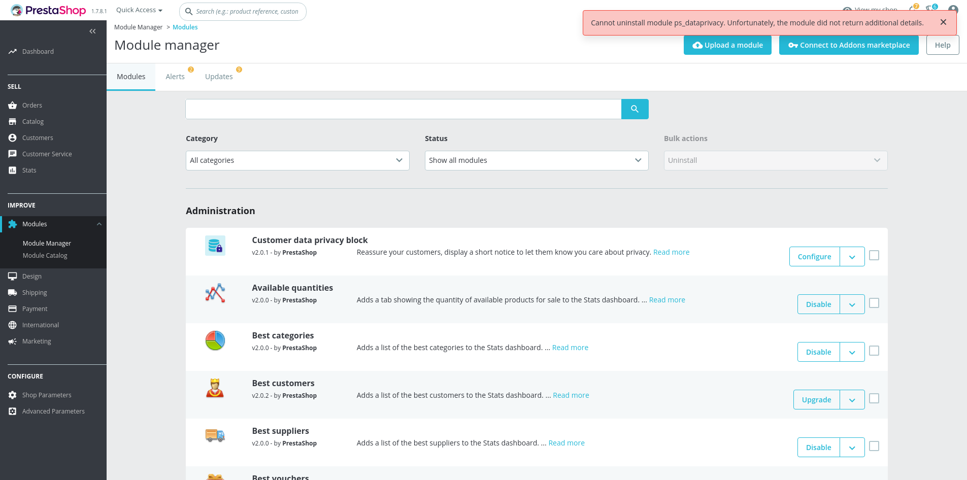 BO - ps_dataprivacy- Cannot uninstall dataprivacy module · Issue #27154 · PrestaShop/PrestaShop ...
