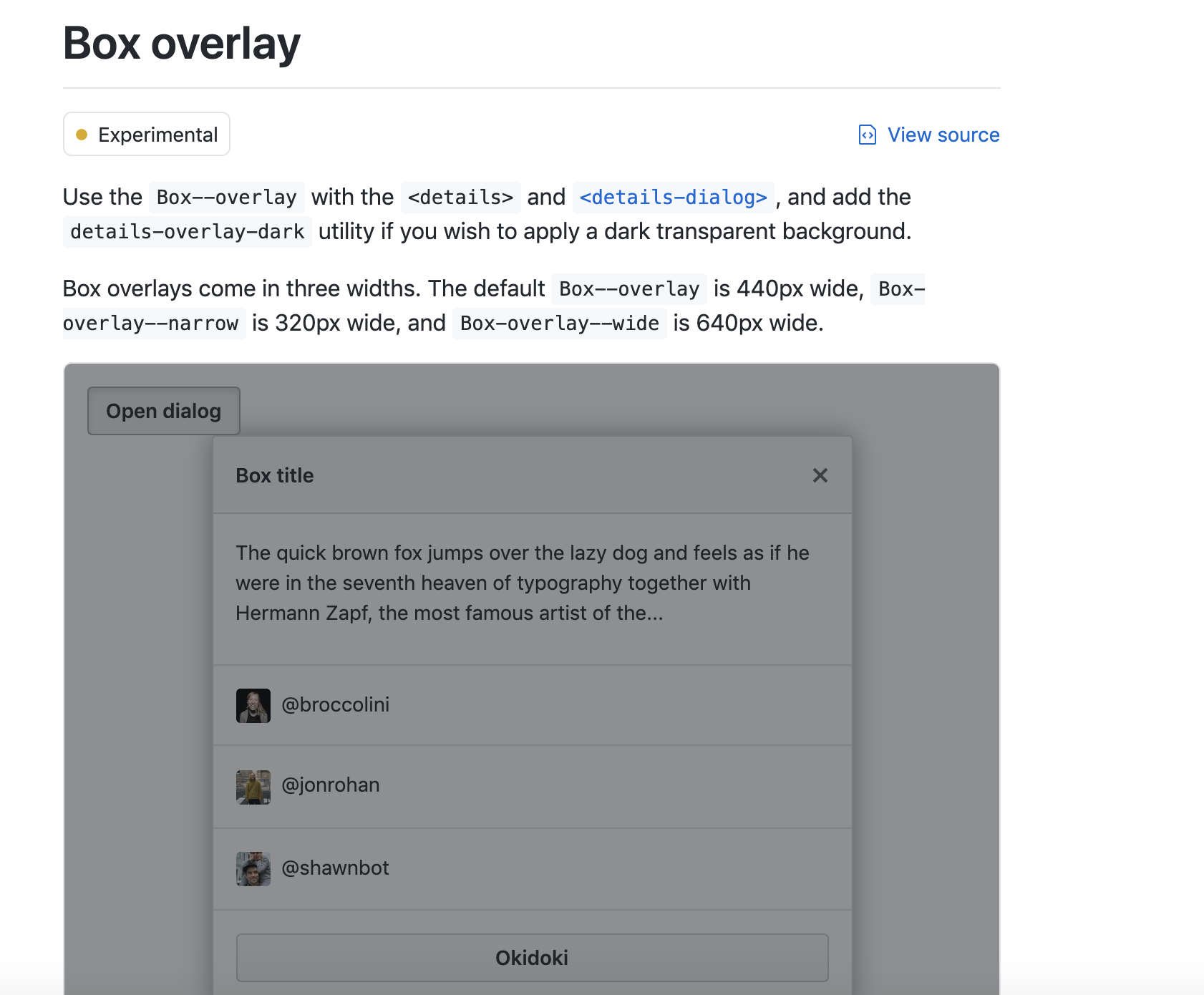Box--overlay documentation broken/missing info · Issue #1082 · primer/css · GitHub