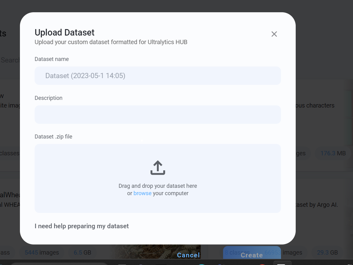 Create Button Missing in Dataset Uplaod · Issue #250 · ultralytics/hub · GitHub