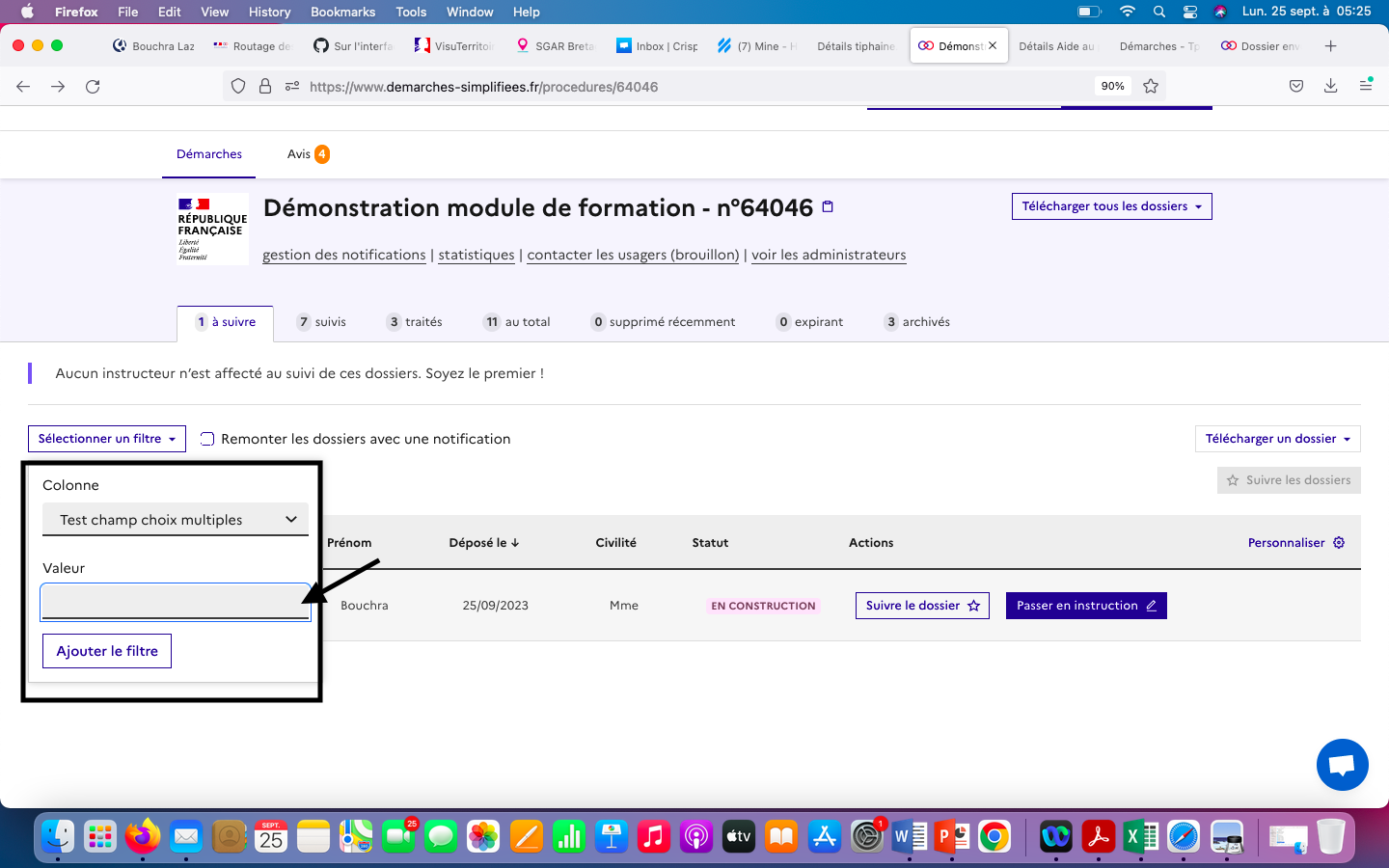 En tant qu'instructeur, lorsque j'utilise la fonctionnalité de filtre ...