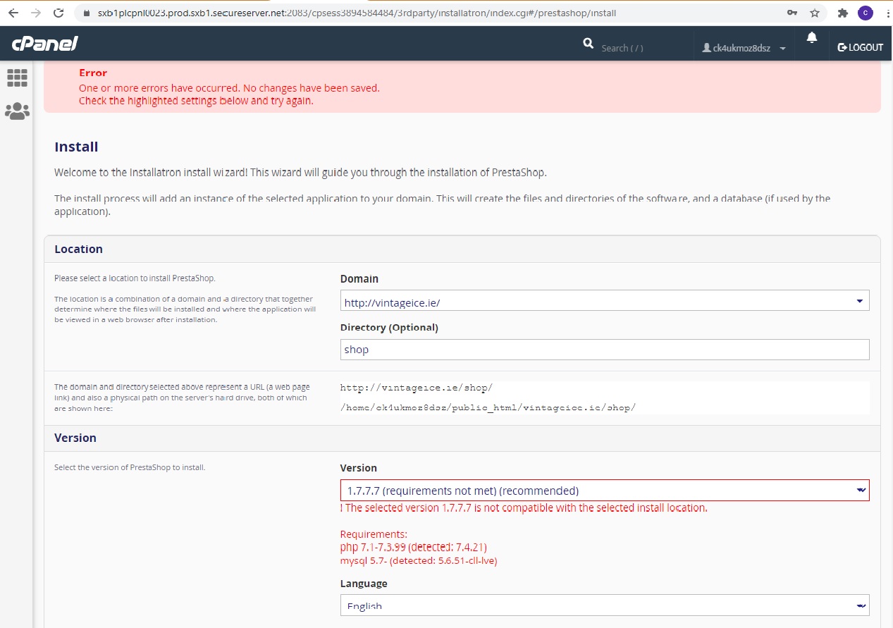 PrestaShop install ; error that the SQL Database 6.2 is not advanced enough ; cPanel ...