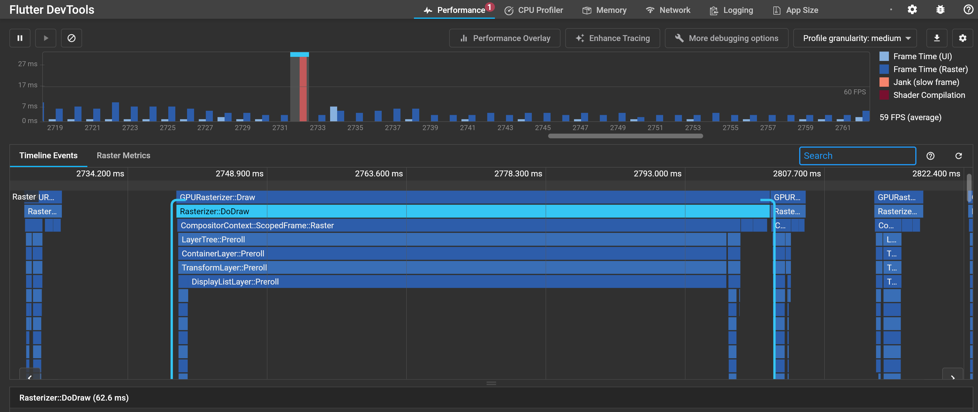 Observe 60+ ms raster times occassionally on customer:money demo app when attached with devtools ...