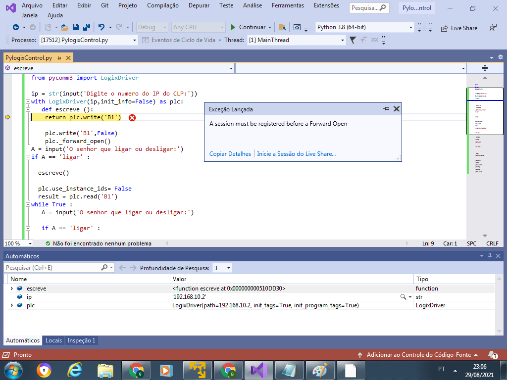 [BUG] - erro (A session must be registered before a Forward Open ...