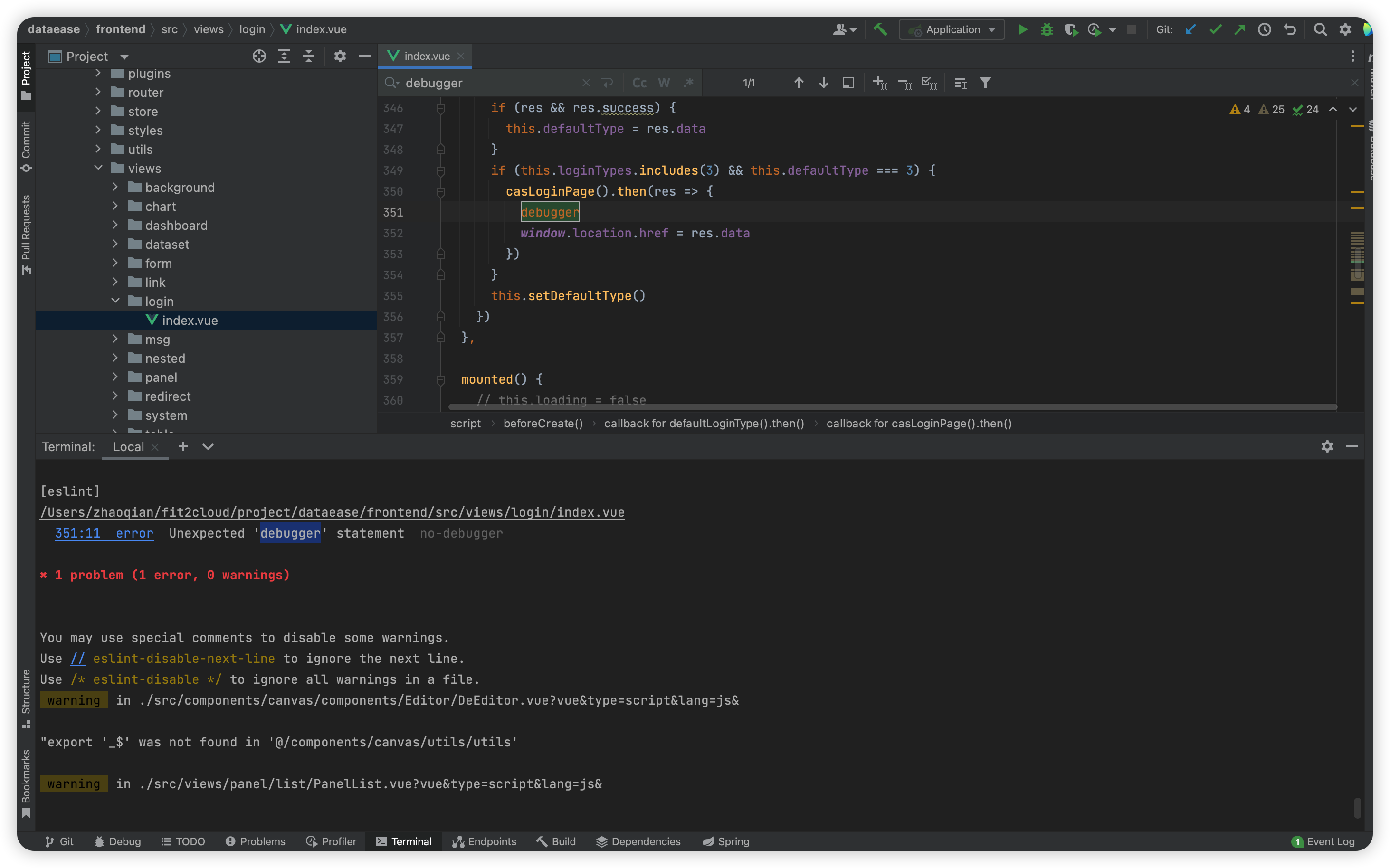 Bug 代码里有个debugger,执行 Npm Run Build 会提示异常信息 · Issue 3696 · Dataeasedataease · Github