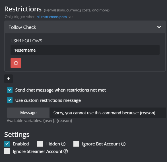 [Bug] Follow Check under Restrictions commands · Issue #1799 · crowbartools/Firebot · GitHub