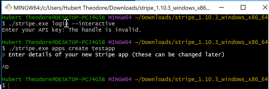 No prompt provided when ysing 'script apps create' in Git Bash, Windows 10 · Issue #890 · stripe ...