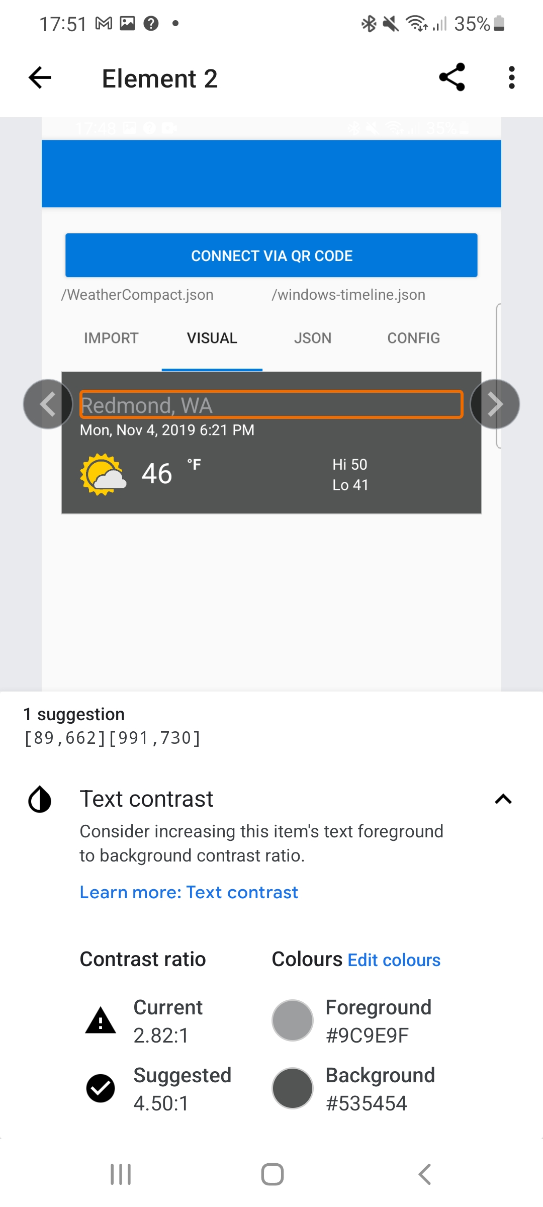 {Freeway-Bug}[SampleCard-WeatherCompact; Config-Windows-timeline: The color contrast ratio for ...