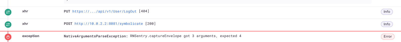 NativeArgumentsParseException: RNSentry.captureEnvelope got 3 arguments, expected 4 · Issue ...