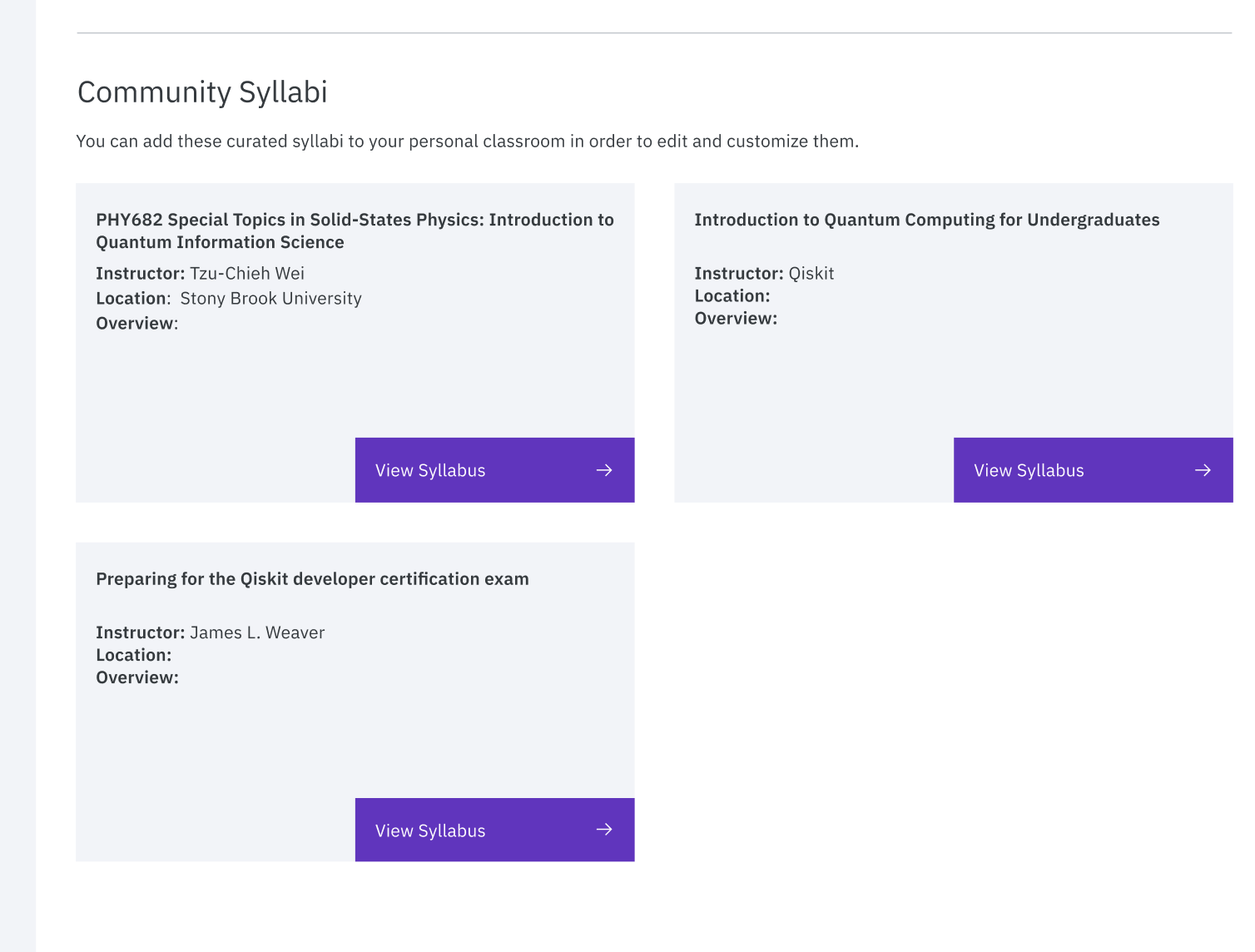 Add static list of curated syllabi to the Classroom view · Issue #1626 · Qiskit/platypus · GitHub