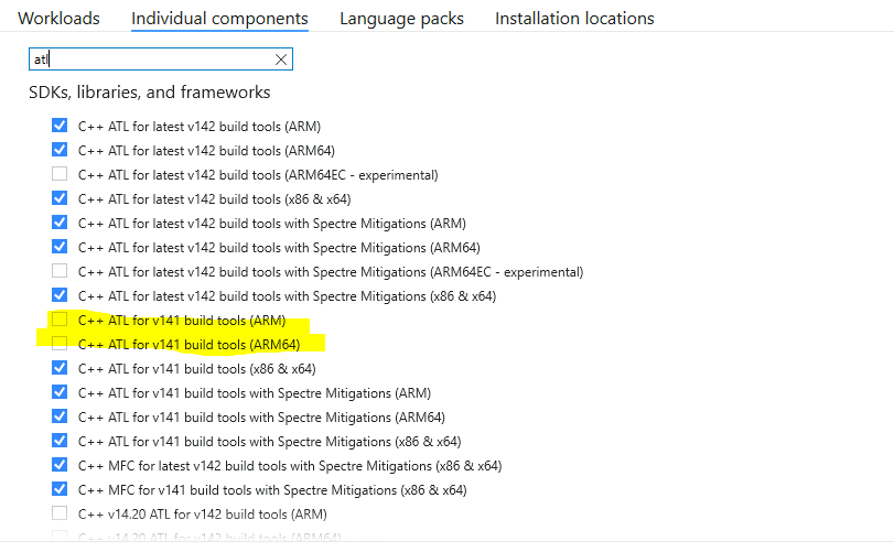 Link issue with C++ ATL libraries for ARM and ARM64 with windows-2019 ...
