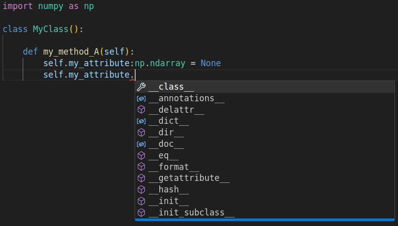 Autocomplete doesn't detect the type of an hinted attribute when it's used in the same method ...
