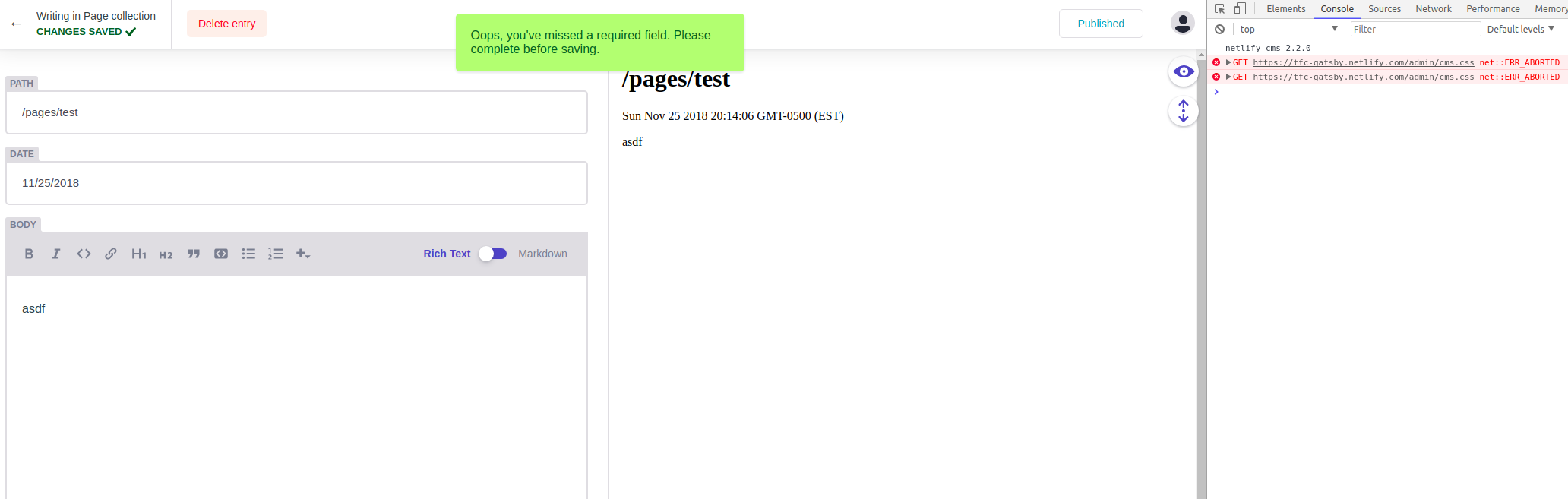 Required Field Notification Appears Even On Successful Save · Issue 1910 · Decaporg Decap Cms