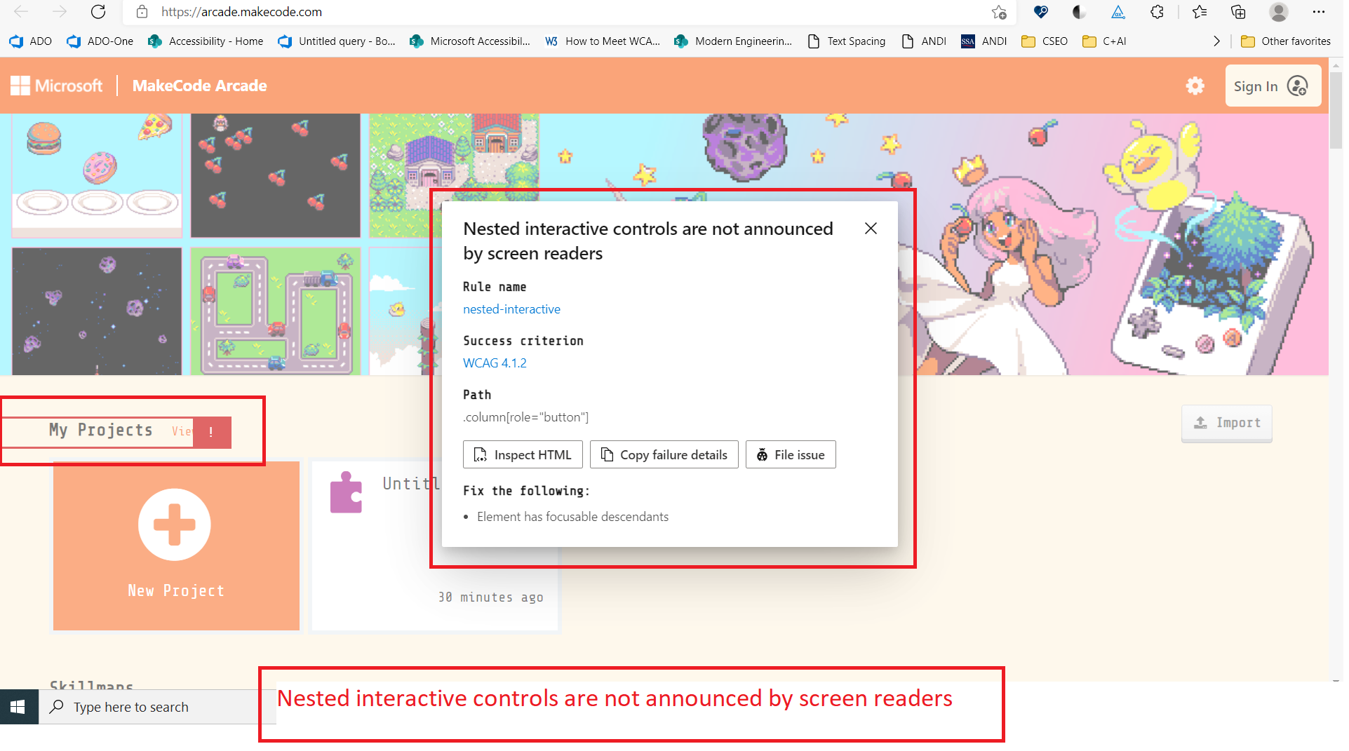 [A11yAuto-Microsoft MakeCode Arcade-Landing Page]: Nested interactive controls are not announced ...