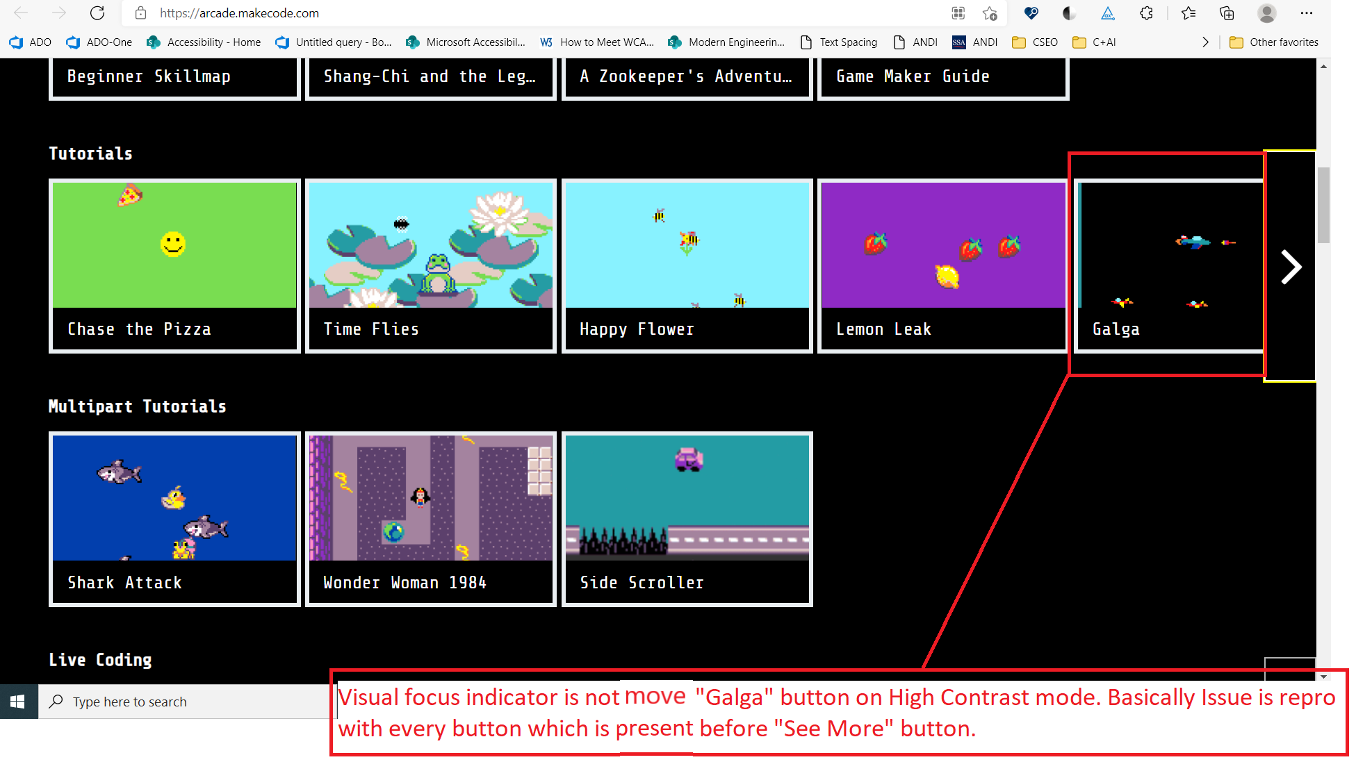 [Keyboard Navigation-Microsoft MakeCode Arcade-Landing Page]: Visual focus indicator does not ...