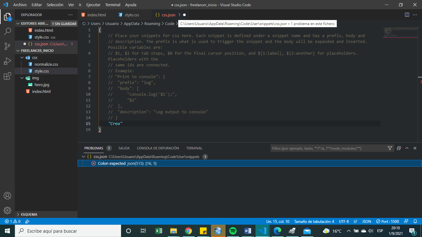 ERROR AL UTILIZAR SNIPPETS CSS.JSON · Issue #173 · microsoft/vsmarketplace · GitHub