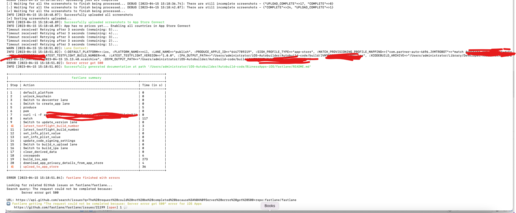 Fastlane getting "The request could not be completed because: Server error got 500" error for ...