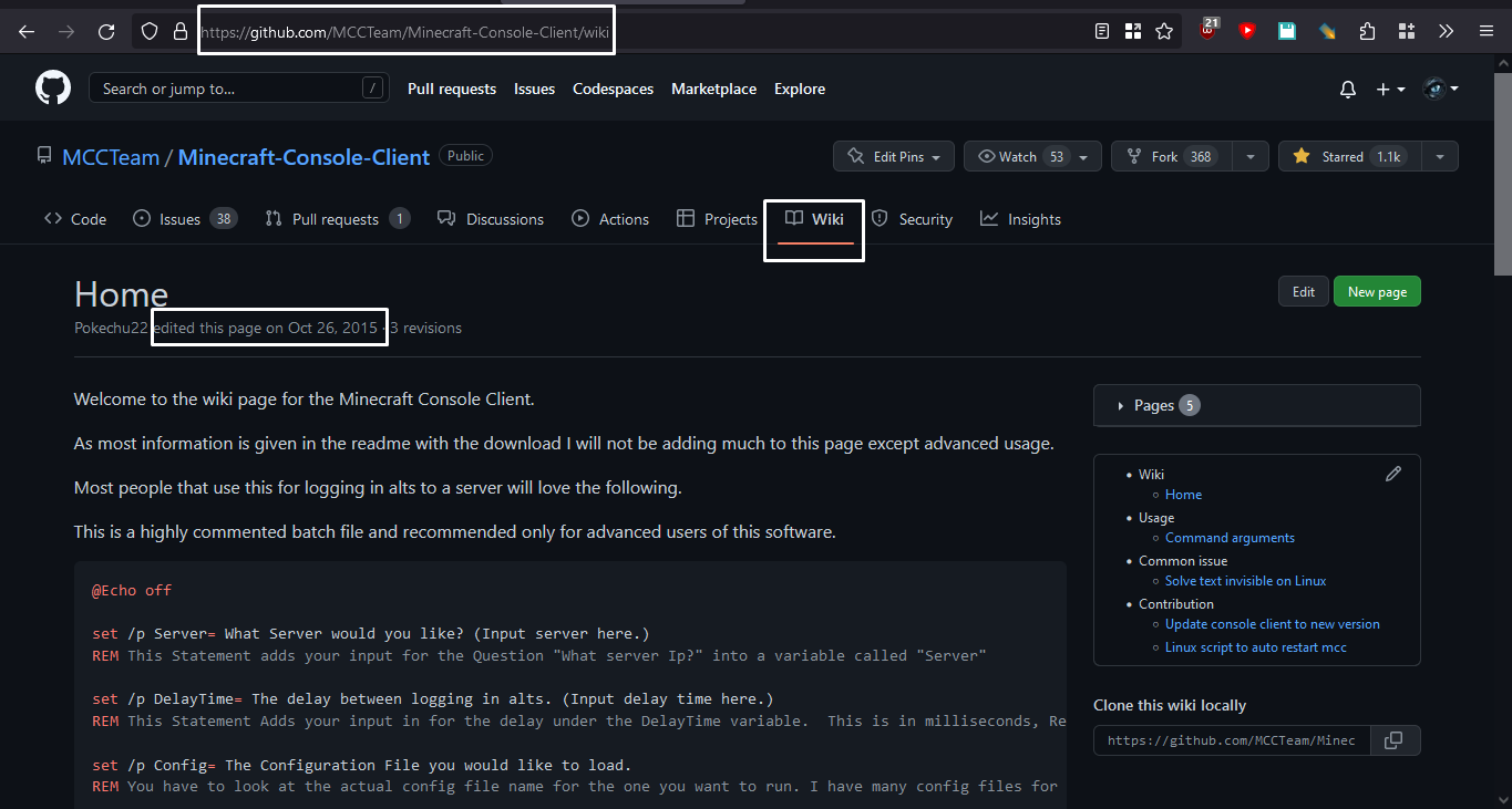 [Idea] Update wiki page on the GitHub repo · Issue #2377 · MCCTeam/Minecraft-Console-Client · GitHub