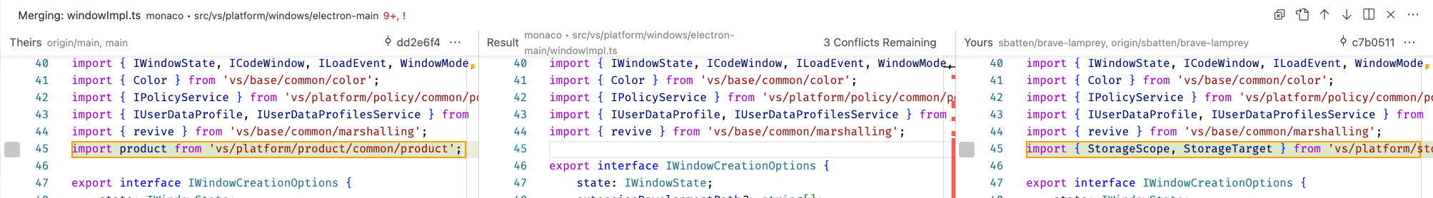 Merge editor reports 3 conflicts when only 1 is visible · Issue #156982 · microsoft/vscode · GitHub