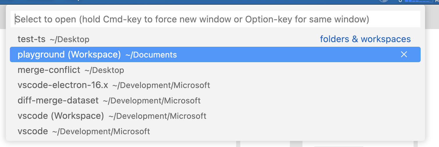 Open recent UI: Show if workspace is currently open · Issue #162392 · microsoft/vscode · GitHub