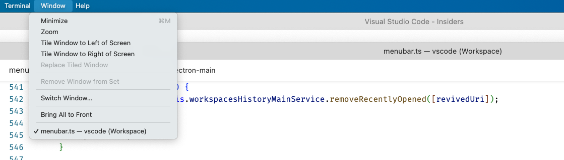 macOS: Window menu does not show opened windows in some cases · Issue #191288 · microsoft/vscode ...