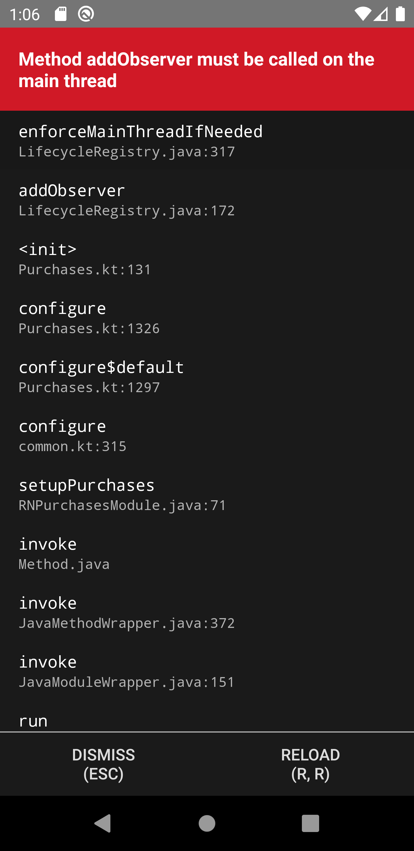 Calling Purchases.setup gives "method addObserver must be called on the main thread" on android ...