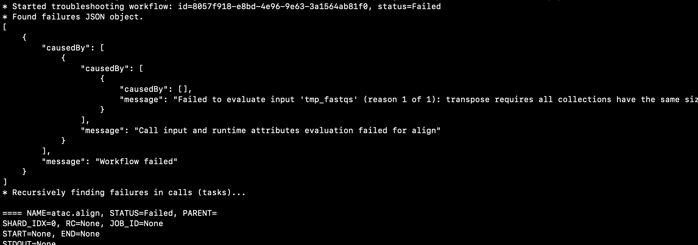 ATAC seq workflow failed - tmp_fastqs : transpose requires all collections have the same size ...