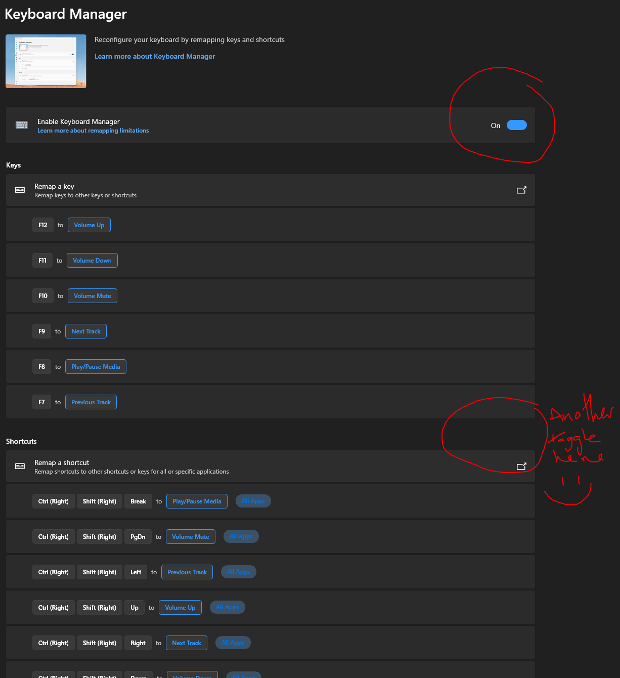 Separate Activation for Keys and Shortcuts, under Keyboard Manager ...