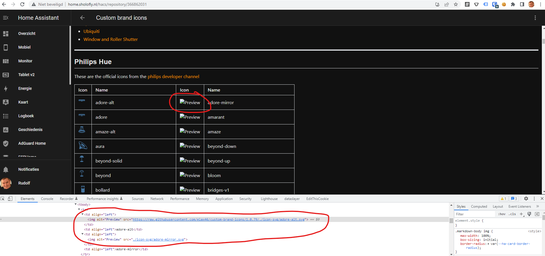 Description of custom brand icons repository shows broken images on right side of a table ...