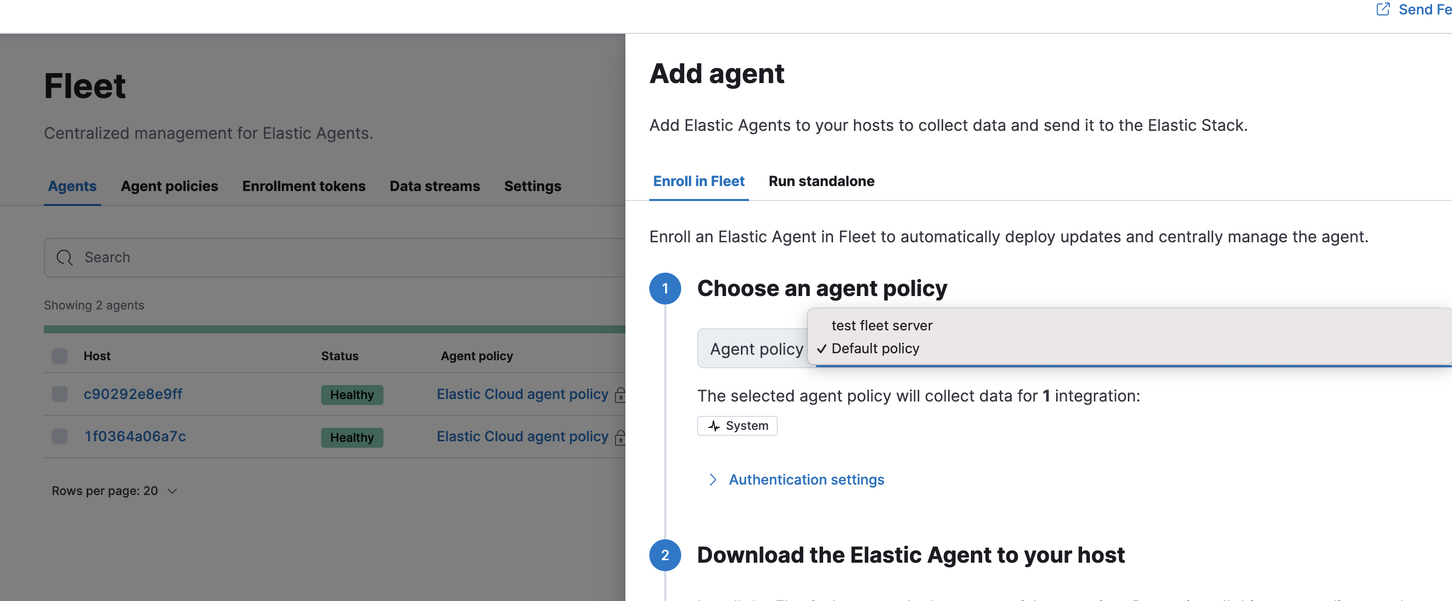 [Fleet]: Agent policy with Fleet Server integration not available under Add Agent flyout ...