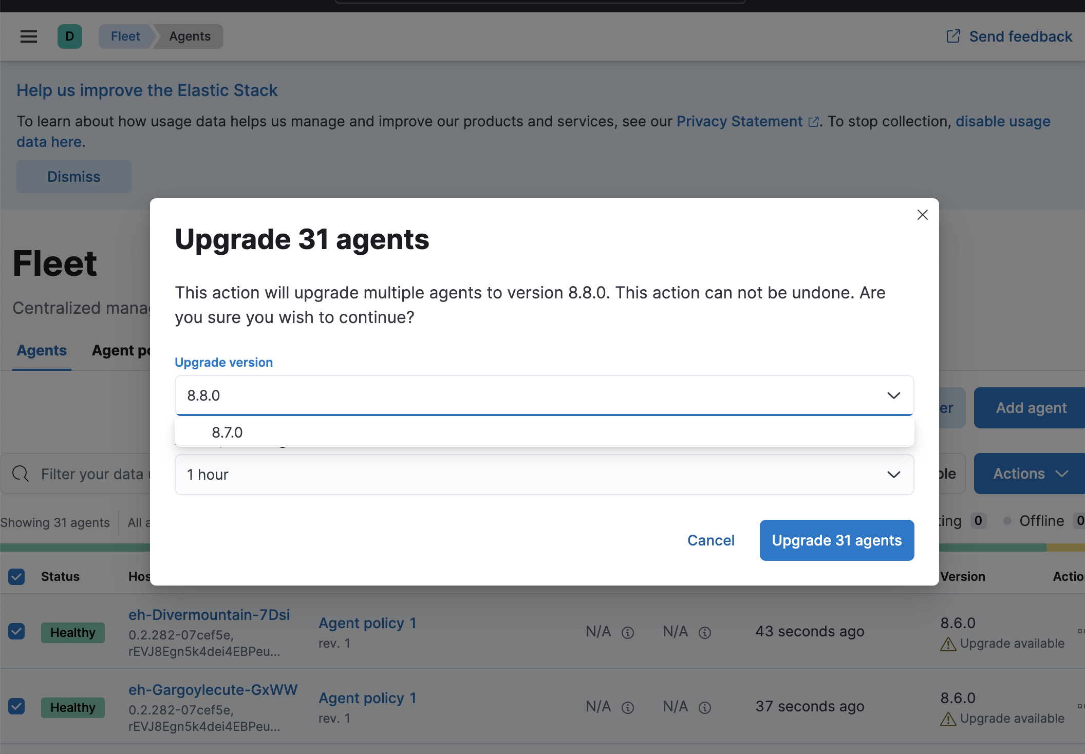 [Fleet]: Unable to upgrade/schedule upgrade agents when everything on all pages is selected ...