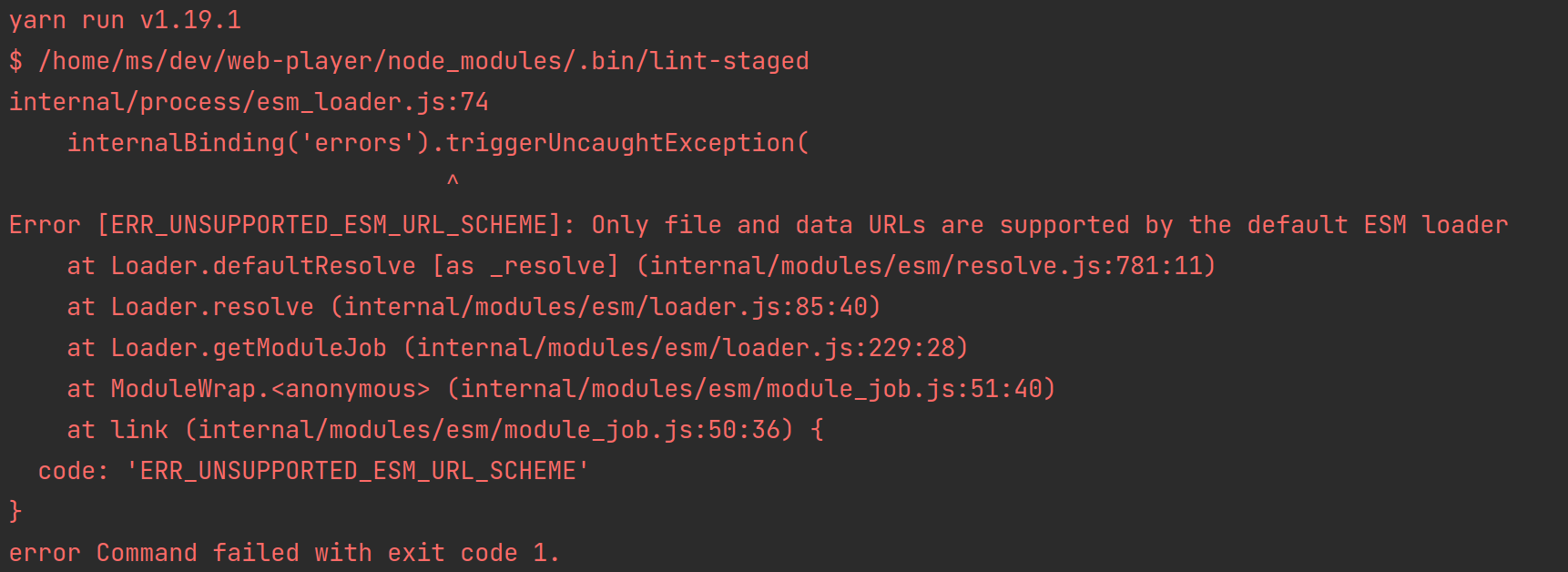 ERR_UNSUPPORTED_ESM_URL_SCHEME on Windows · Issue #1054 · lint-staged/lint-staged · GitHub