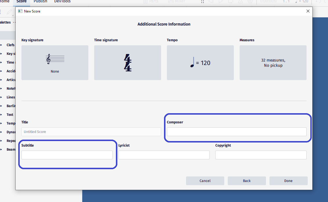 [MU4 Issue] New Score> Additional Score Info: Title, Subtitle and Composer fields should select ...
