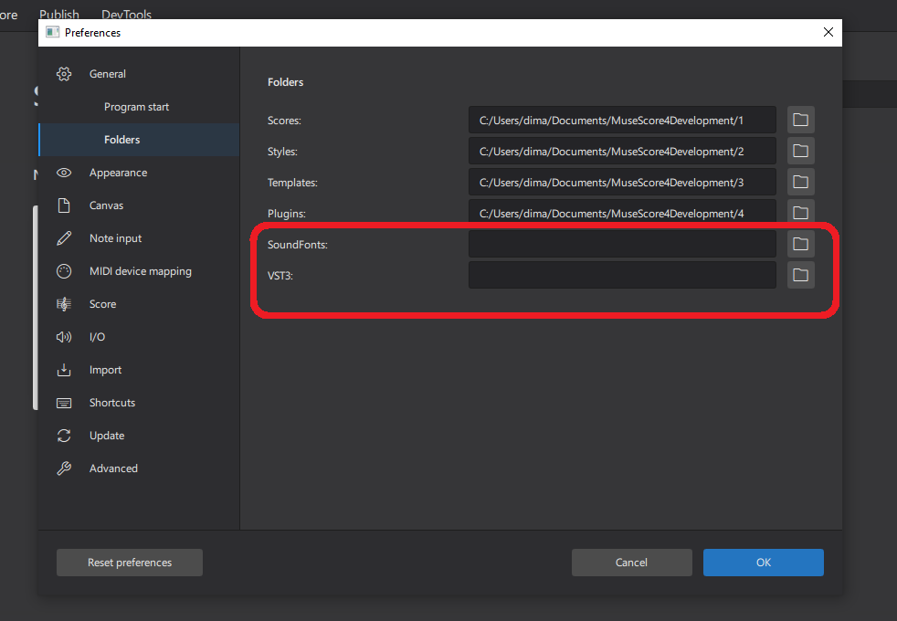 [MU4 Issue] Unable to add SoundFonts and VST3 folders in Preferences · Issue #12707 · musescore ...