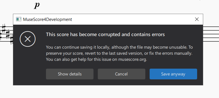[MU4 Issue] Unable to save (save changes) corrupted score · Issue #16449 · musescore/MuseScore ...