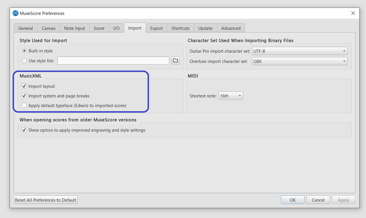 MusicXML Imports settings in Preferences should have the same default state as in MS3 · Issue ...