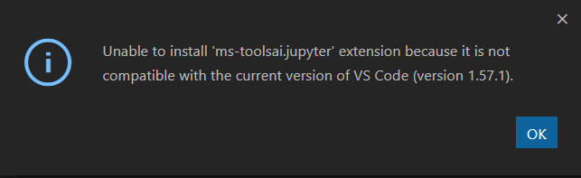 [self-hosted] Unable to install 'ms-toolsai.jupyter' extension because it is not compatible with ...