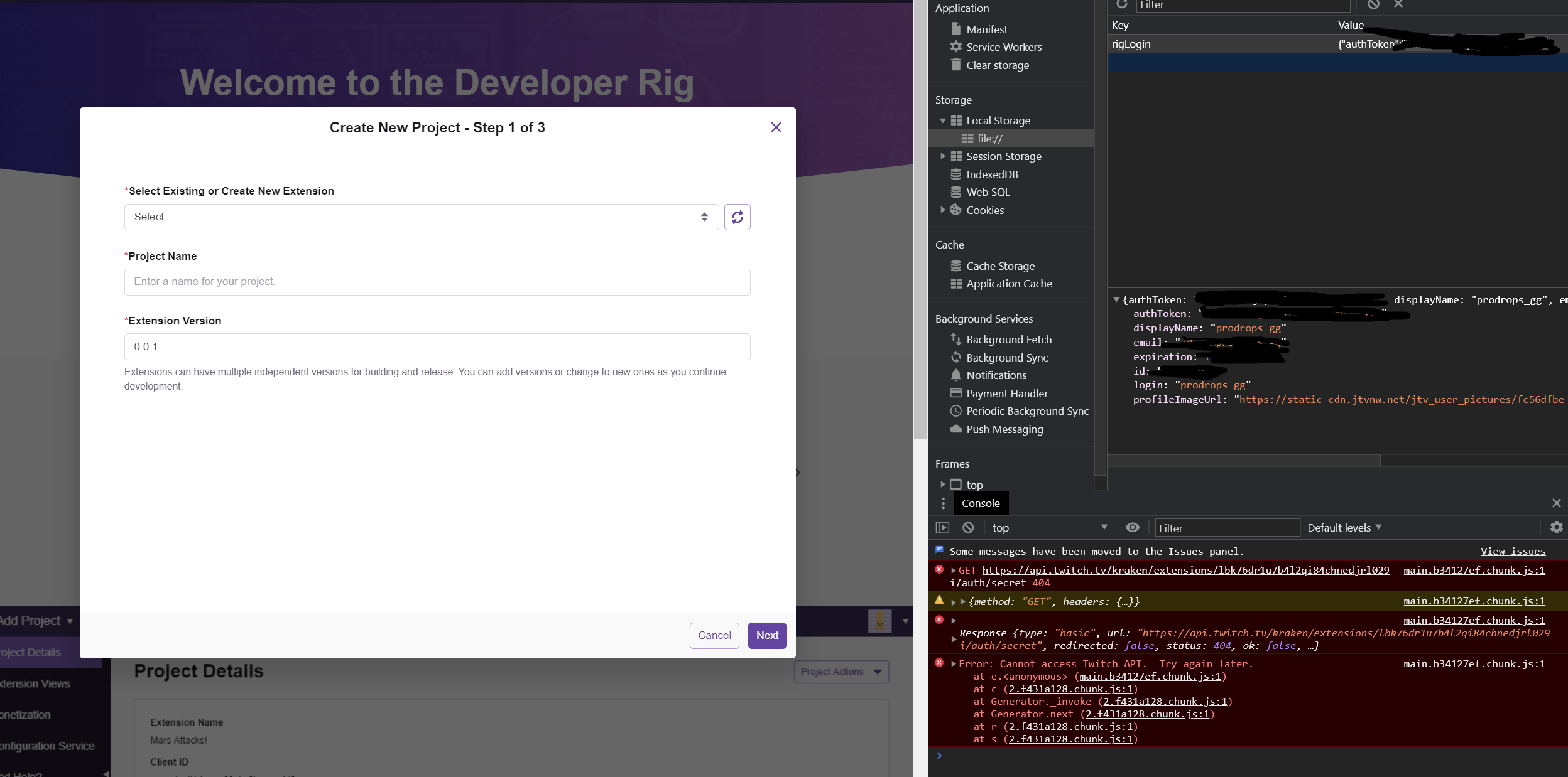 Developer rig gets 404 when "next" option after selecting extension in the "Create new project ...