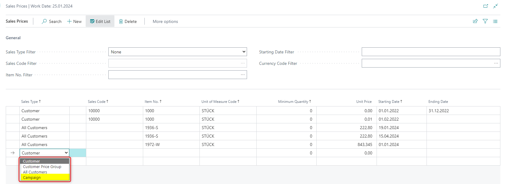 CFG: Sales Type "Campaign" in the "Price Matrix (CFG) table (WI 10663 ...