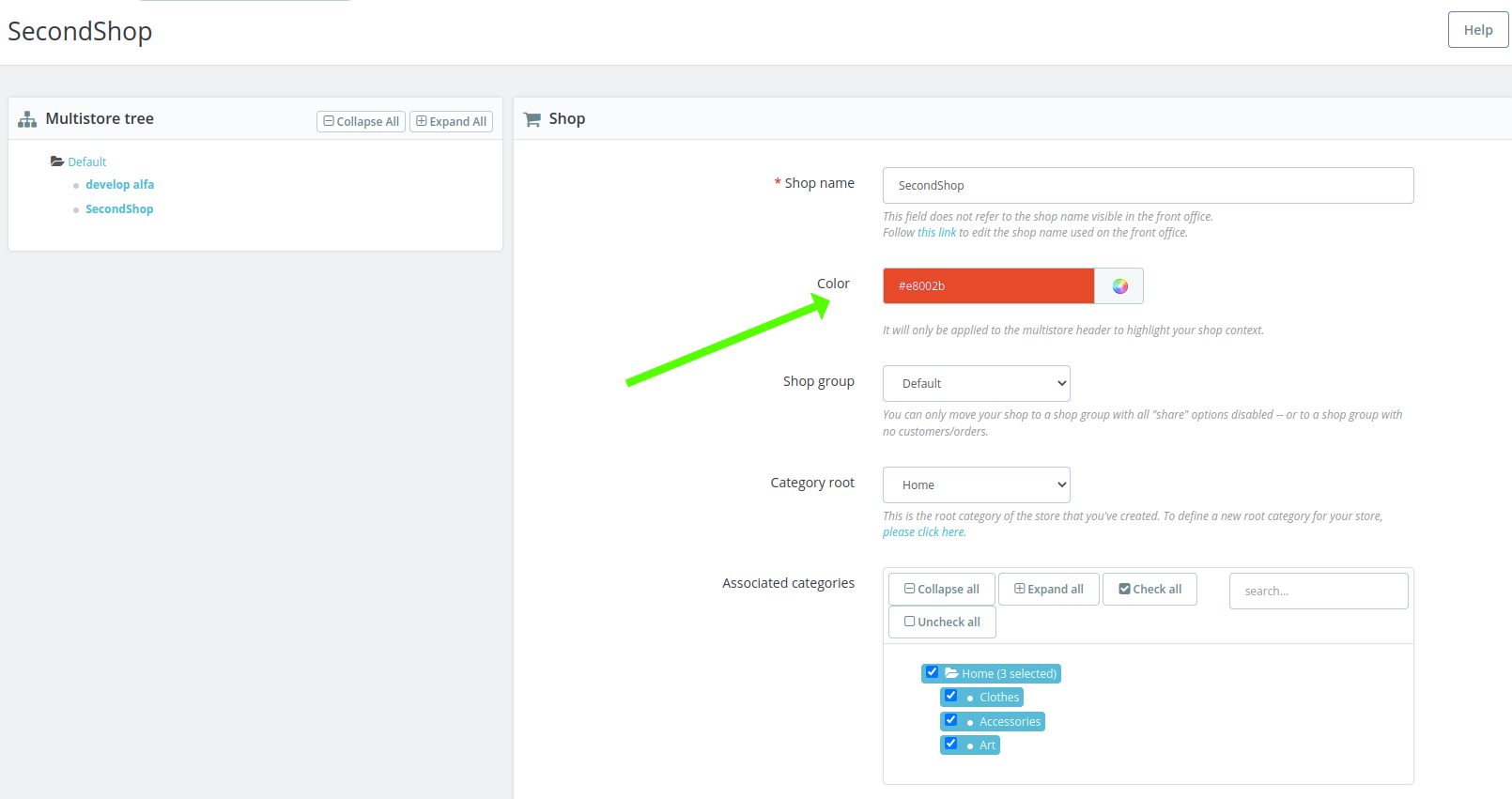 Multistore. Product page in BO, can't select subcategory for product if was selected "Color" for ...
