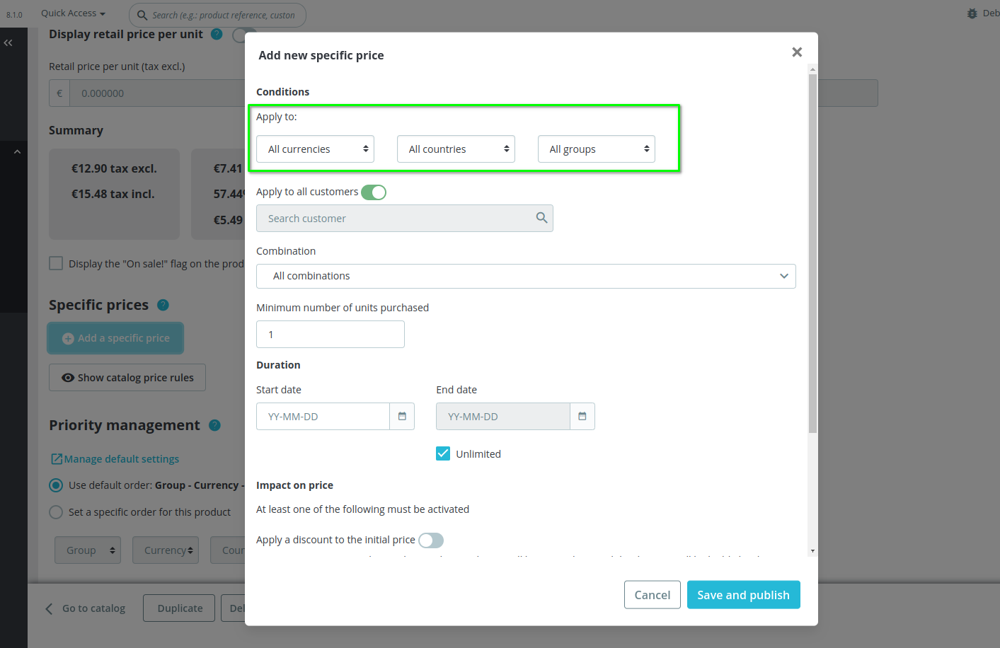 PS 9.0 Product page / Specific prices in BO > Add new specific price. Bad display for ...