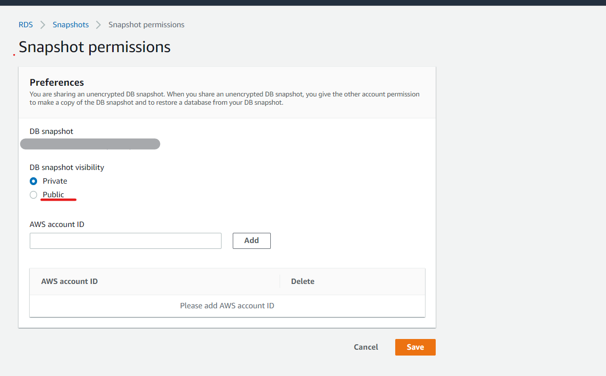 created a RDS cluster snapshot, using cli made the snapshot public but still visible as private ...