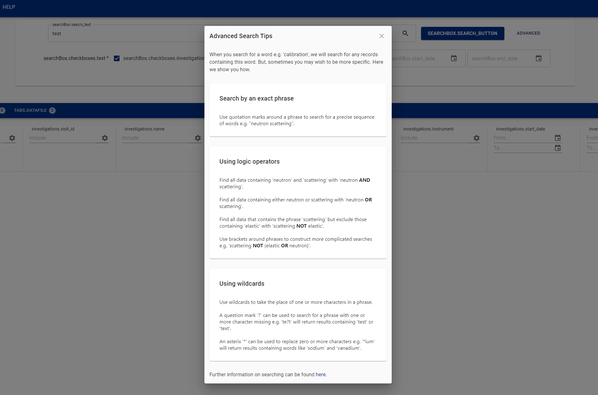 Provide search examples and a detailed help for search · Issue #939 · ral-facilities/datagateway ...