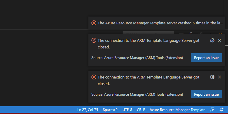 Azure Resourece Manager Tempalte server crashed 5 times · Issue #1286 · microsoft/vscode ...